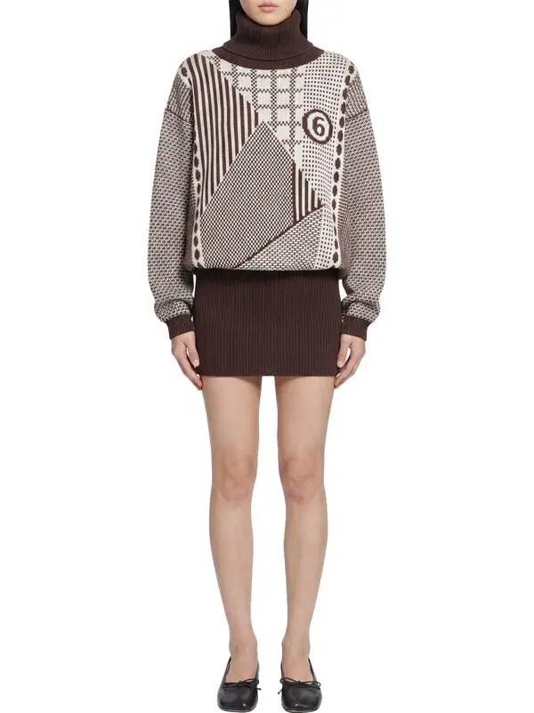 MAISON MARGIELA Jacquard Logo Knit Turtleneck Mini Dress - Brown