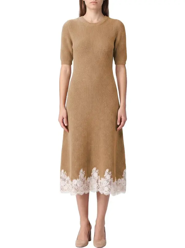 Alberta Ferretti Cashmere And Camel Midi Knit Dress With Macramé Inserts - Brown