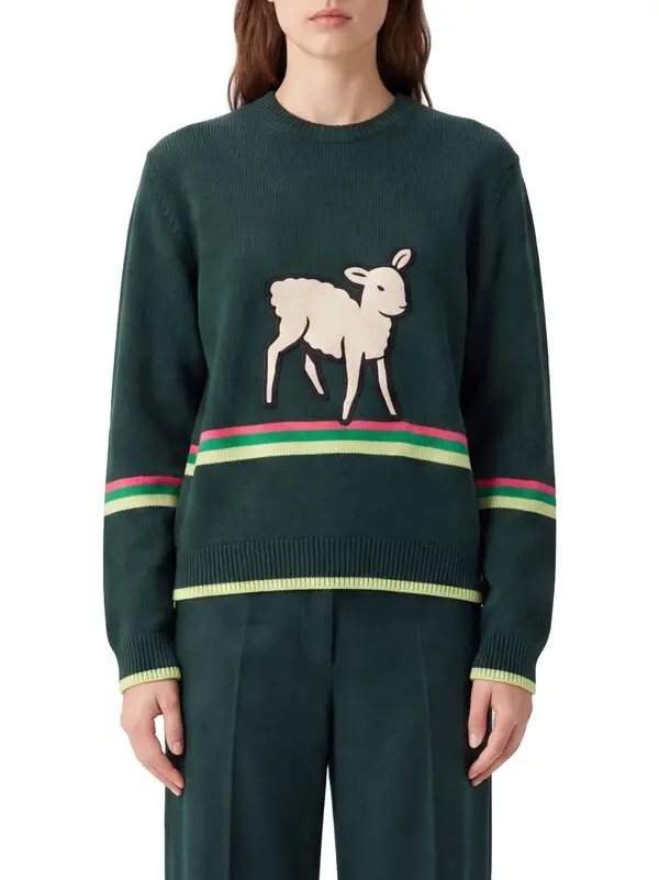 JW Anderson Crew Neck Sweater With Sheep Applique - Green