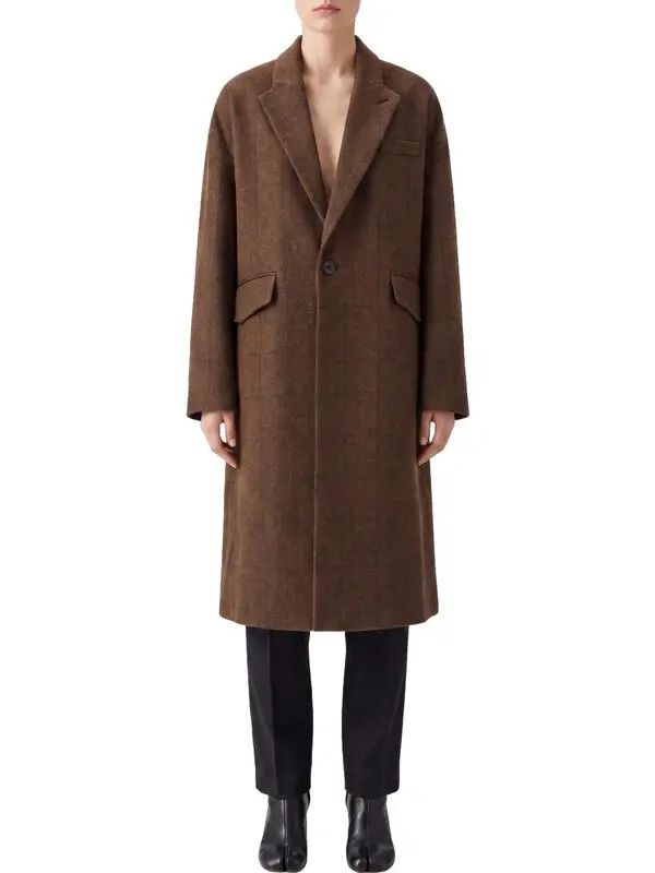 MAISON MARGIELA Long Single-breasted Checked Wool Coat With Peak Lapels - Brown