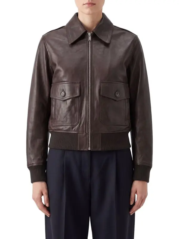 A.p.c. Cowhide Leather Bomber Jacket With Classic Collar And Zip Closure - Brown