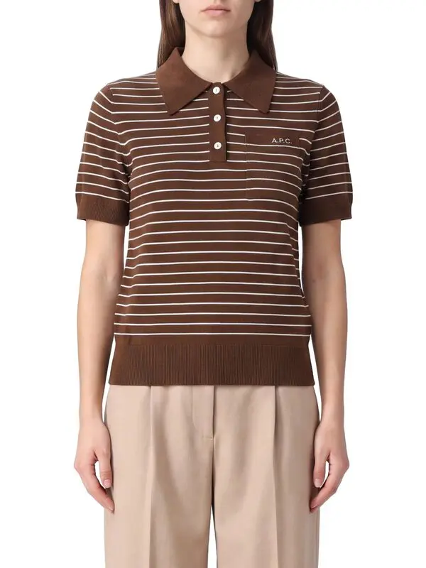 A.p.c. Striped Cotton Knit Polo Shirt With Short Sleeves And Patch Pocket - Brown