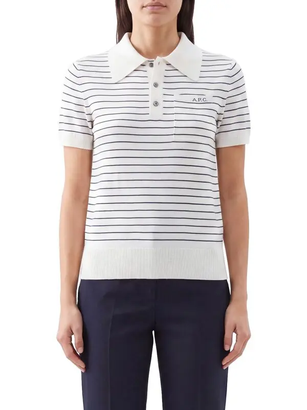 A.p.c. Striped Cotton Knit Polo Shirt With Short Sleeves And Patch Pocket - Kaki