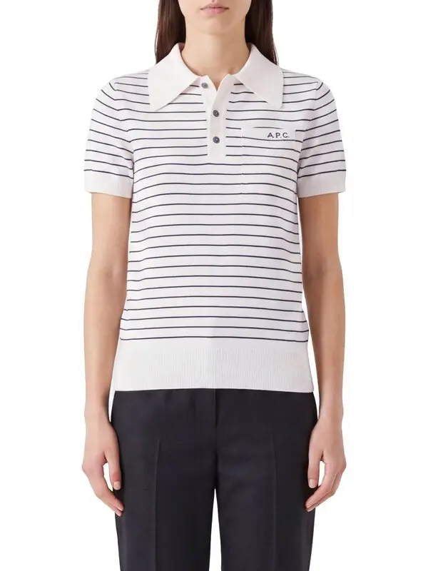 A.p.c. Striped Cotton Knit Polo Shirt With Short Sleeves And Patch Pocket - Nude