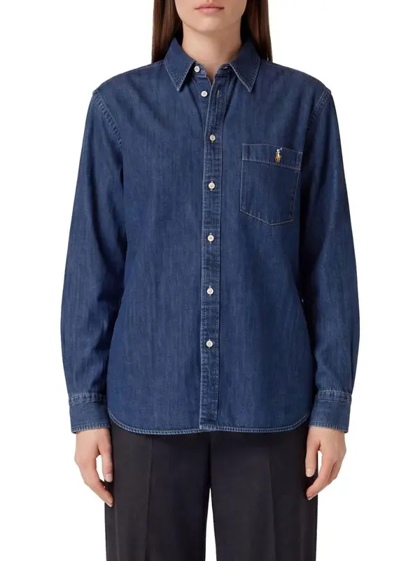 Polo Ralph Lauren Button Down Denim Shirt With Embroidered Logo - Blue