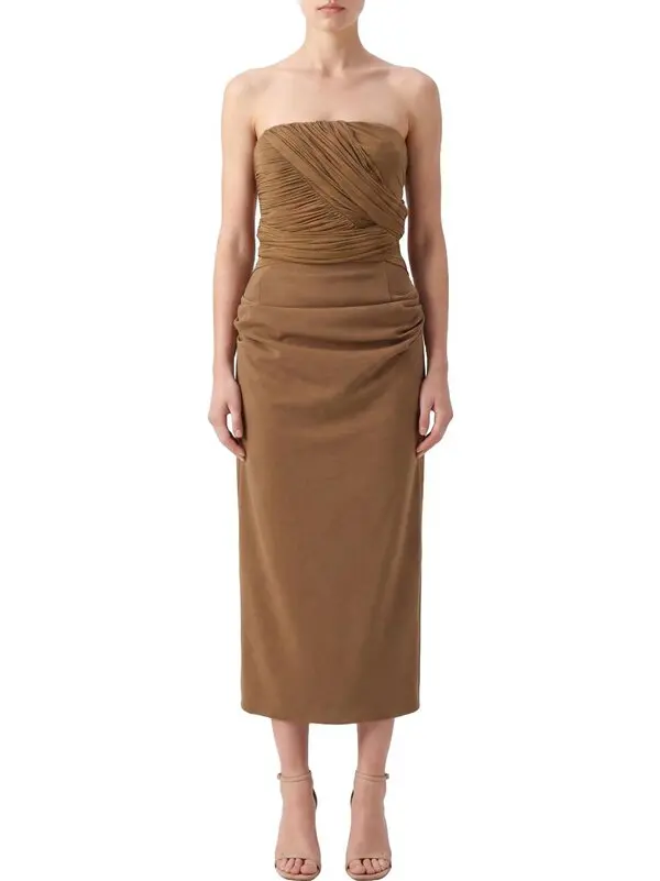 Magda Butrym Draped Off-the-shoulder Midi Sheath Dress In Cupro - Brown