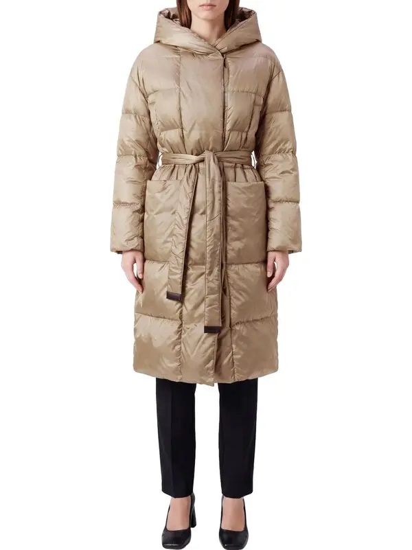 Max Mara Long Hooded Down Jacket With Belt In Water-repellent Nylon - Brown