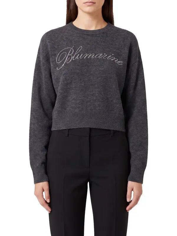 Blumarine Rhinestone Logo Wool Crewneck Jumper - Grey