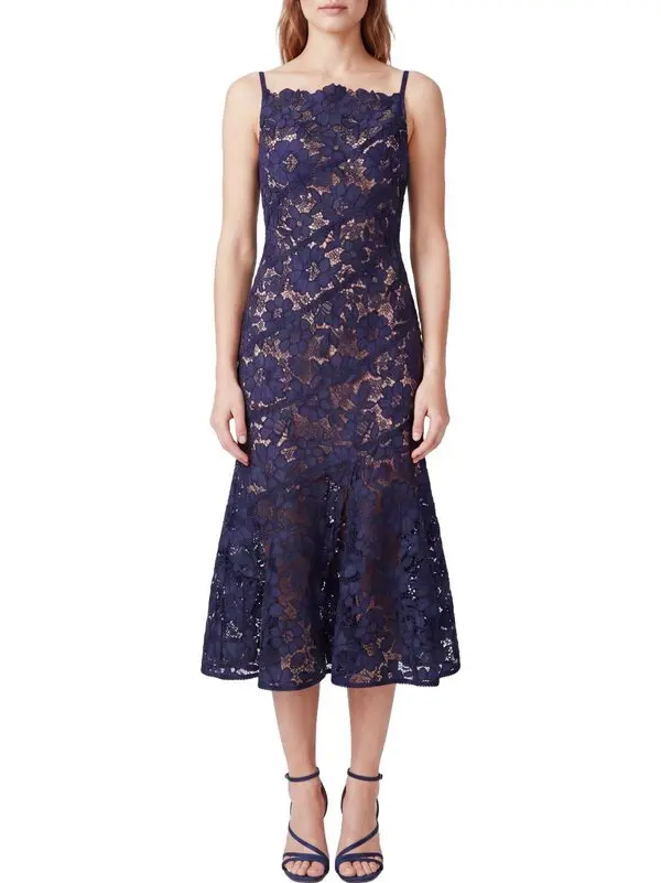 SELF-PORTRAIT A-line Lace Midi Dress With Square Neckline And Off-the-shoulder Design - Navy