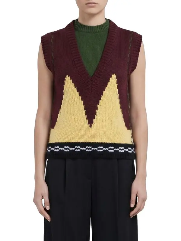 Marni Bicolour Abstract Pattern Wool Crewneck Waistcoat - Wine