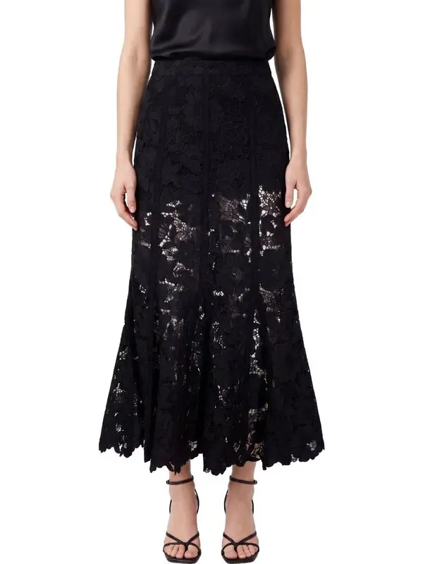 SELF-PORTRAIT High-waisted A-line Lace Midi Skirt - Black