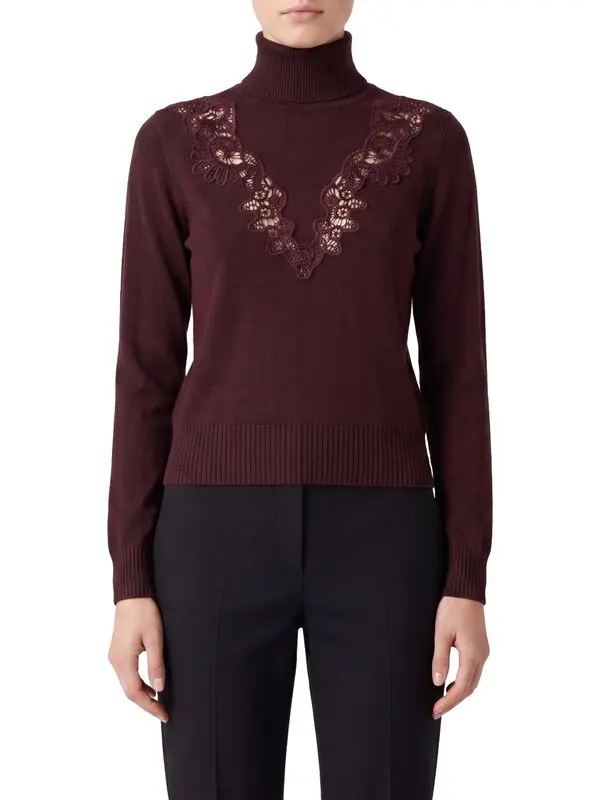 Zimmermann Slim Fit Lace And Viscose Turtleneck With Long Sleeves - Mahogany