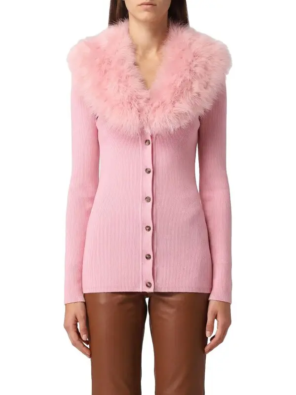 Blumarine Slim Fit Virgin Wool Cardigan With Contrast Fur Collar - Pink