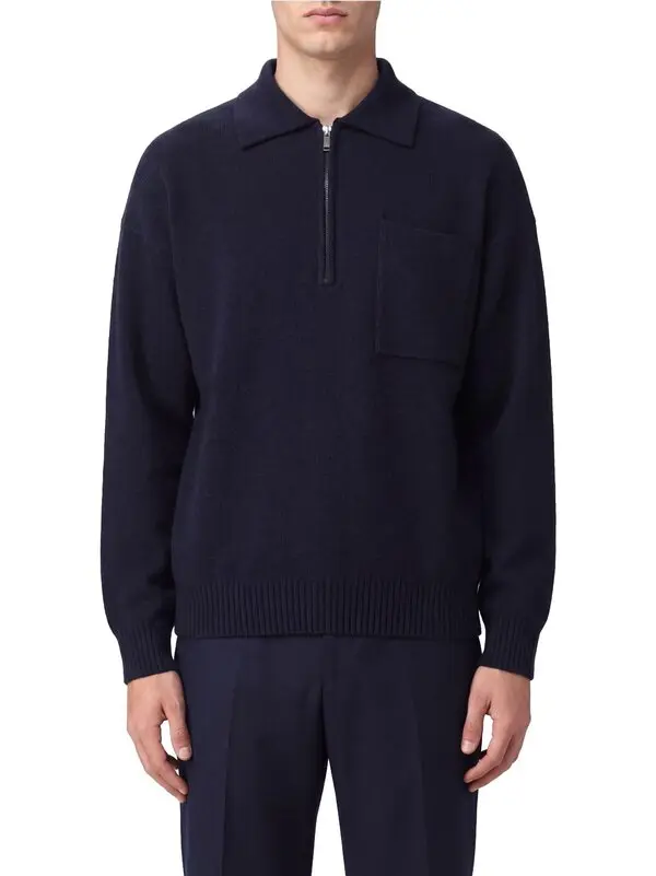 ROBERTO COLLINA Long-sleeved Merino Wool Knit Polo Shirt With Zip And Pocket - Blue