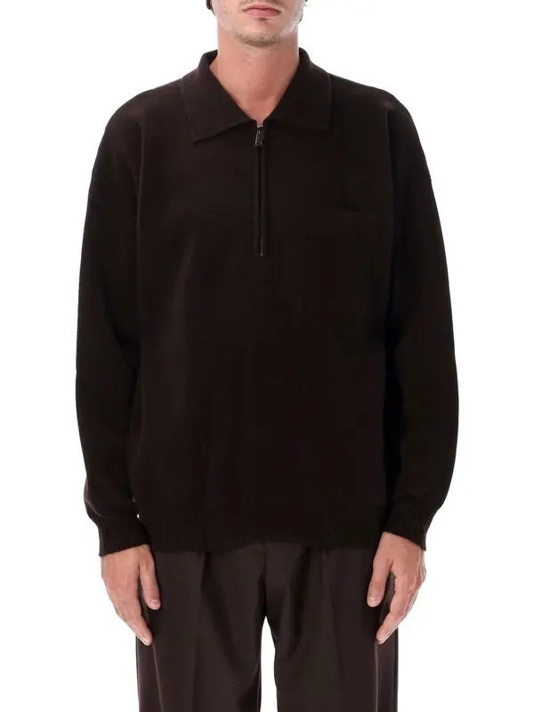 ROBERTO COLLINA Long-sleeved Merino Wool Knit Polo Shirt With Zip And Pocket - Brown