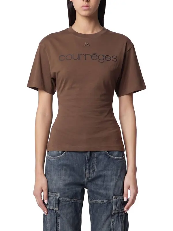 COURREGES Slim Fit Cotton T-shirt With Contrasting Logo - Brown