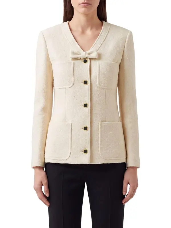 Alessandra Rich Cropped Cotton-blend Blazer With Bow Detail - Ivory