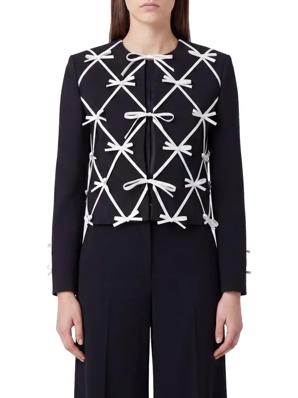 Moschino Virgin Wool Bow Embellished Cropped Blazer - Black
