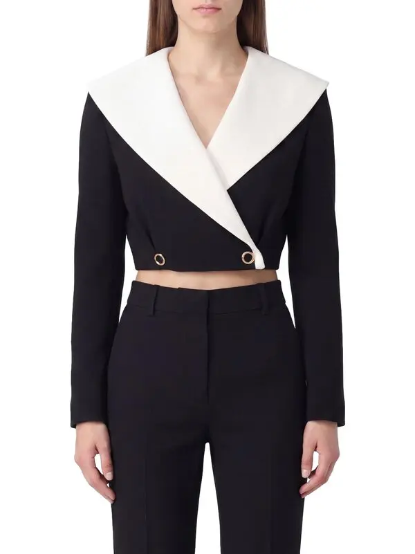 Alessandra Rich Bi-color Cropped Virgin Wool Blazer - Black