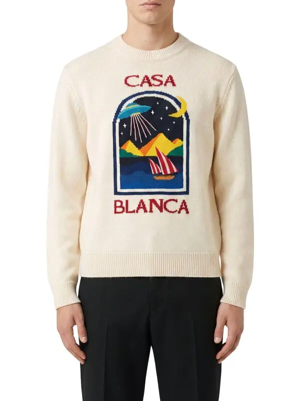 Casablanca Pure Wool Crewneck Jumper With Jacquard Graphic Logo - Yellow Cream