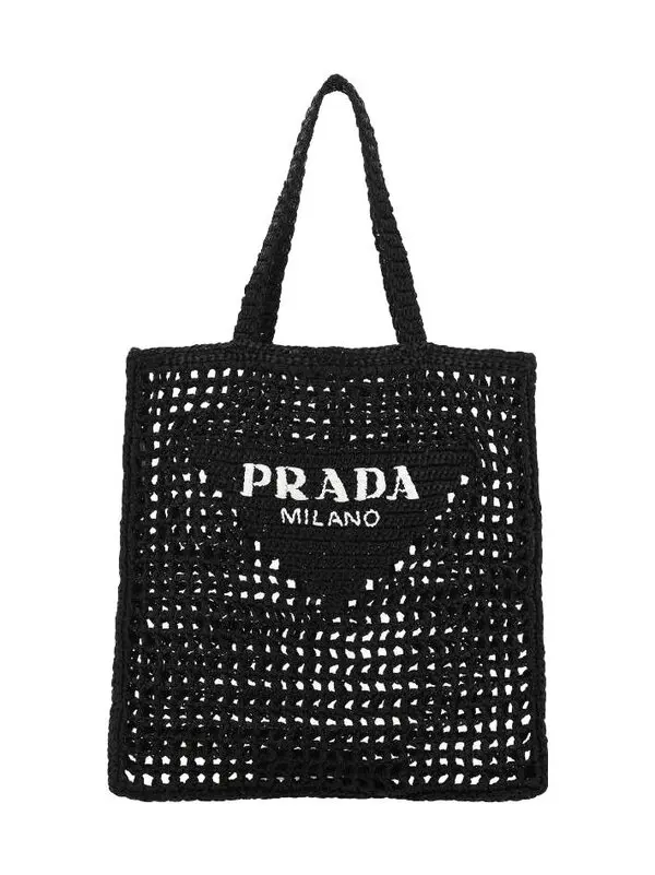 Prada Crocheted Tote Bag With Embroidered Logo - Black