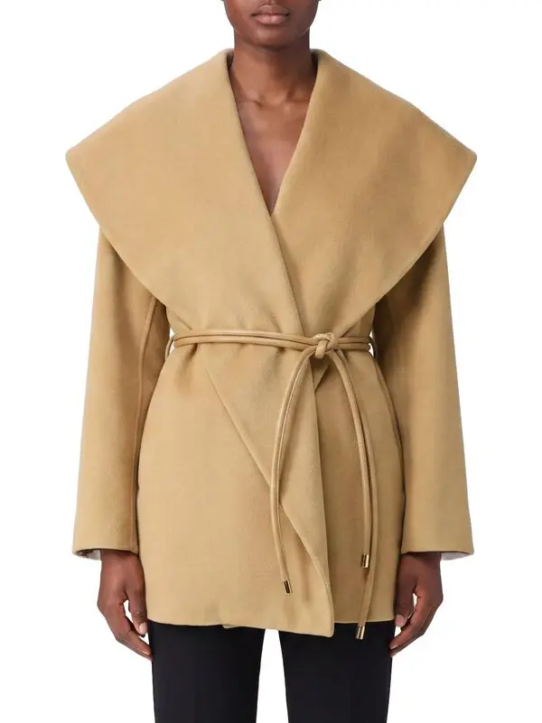 Sportmax Short Virgin Wool Robe Coat With Sailor Collar - Beige