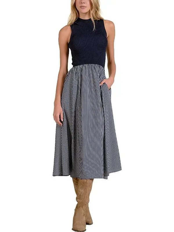 Elan Mock Neck Sleeveless Dress - Blue Stripe