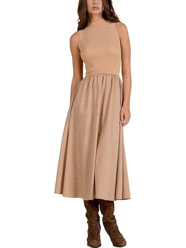 Elan Mock Neck Sleeveless Dress - Tan Stripe