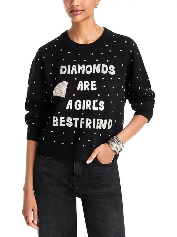Alice + Olivia Perry Wool Blend Embroidered Rhinestone Sweater - Black
