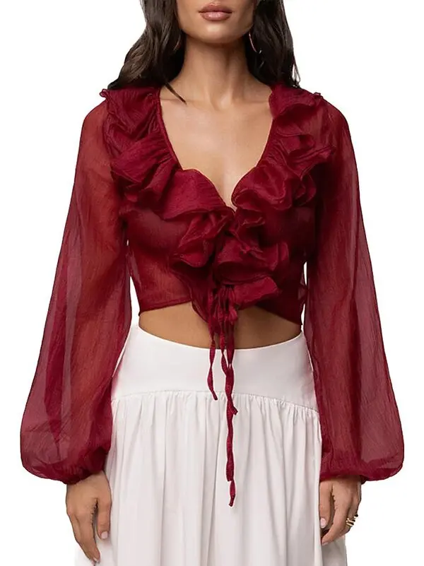 JLUXLABEL Delilah Ruffled Sheer Tie-front Top - Berry