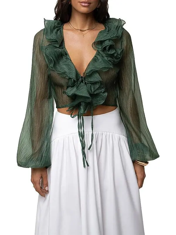 JLUXLABEL Delilah Ruffled Sheer Tie-front Top - Green