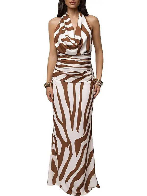 JLUXLABEL Zebra Print Plunge Halterneck Maxi Dress - Brown Zebra