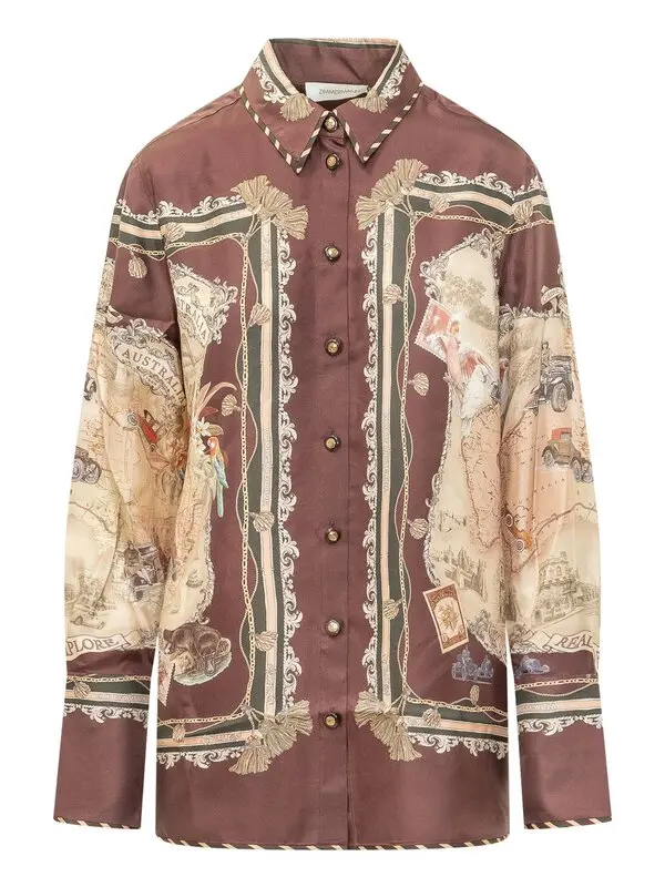 Zimmermann Valiant Twill Printed Shirt With Scarf Detail - Plum Scarf