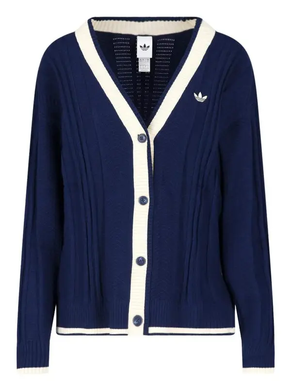 Adidas Ribbed Knit Cardigan With V-neck And Contrast Trim - Blue