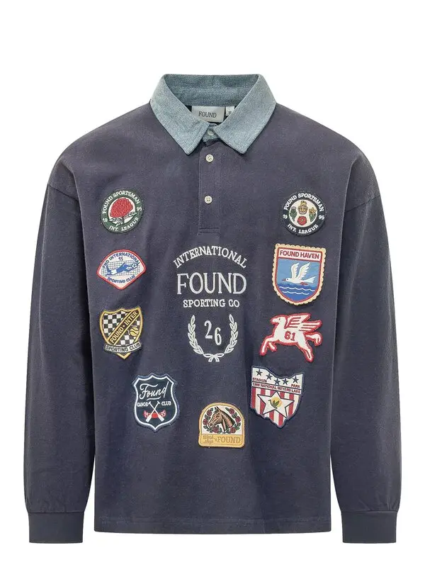 FOUND Rugby Polo Shirt With Appliqué Detailing - Faded Blue