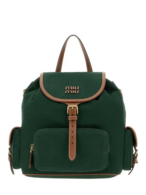 Miu Miu Mini Canvas Backpack With Calf Leather Details - Green