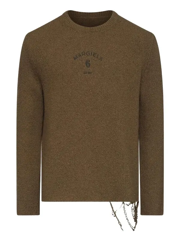 MAISON MARGIELA Distressed Logo Crewneck Sweater - Kaki