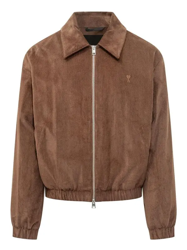 AMI Paris Zip-up Corduroy Jacket With Heart Detail - Marron Chocolate