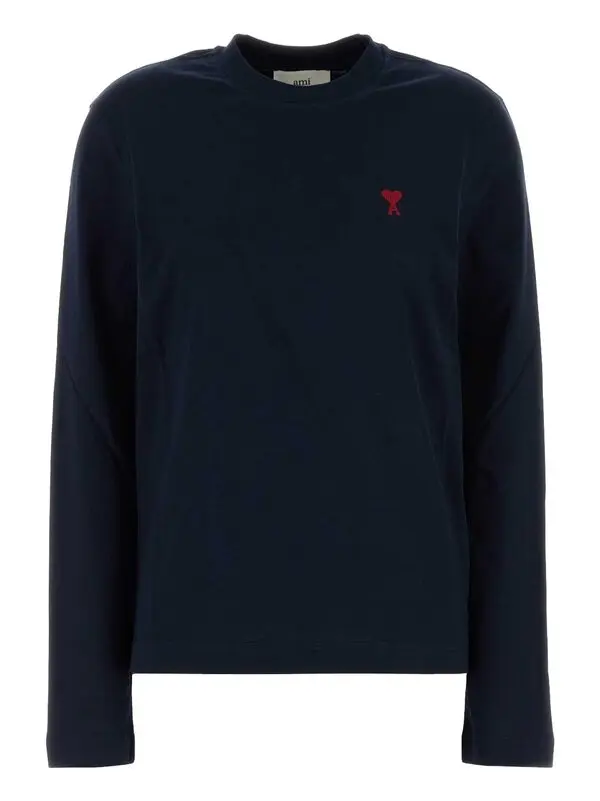 AMI Paris Organic Cotton Long Sleeve T-shirt With Red De Coeur Appliqu - Blue