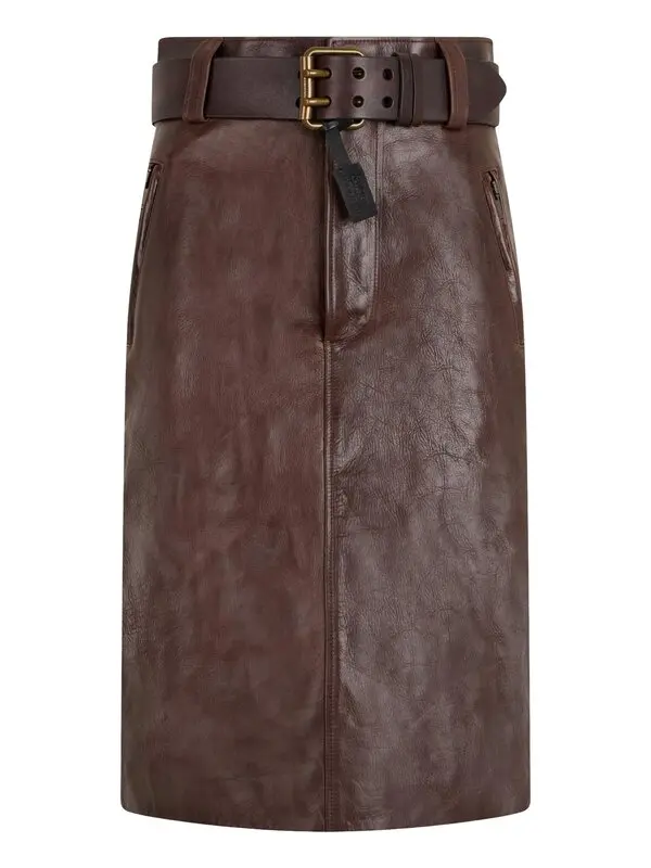 Saint Laurent Calfskin Leather Dress With Waist-defining Belt - Brown