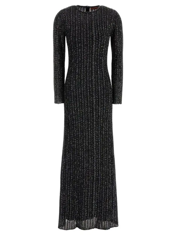 Missoni Long Sleeve Embroidered Stretch Knit Maxi Dress - Stripped
