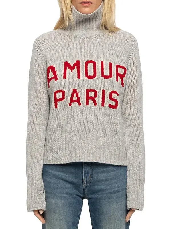 Zadig&Voltaire Nalma Wool Amour Paris Turtleneck Sweater - Gris Chine