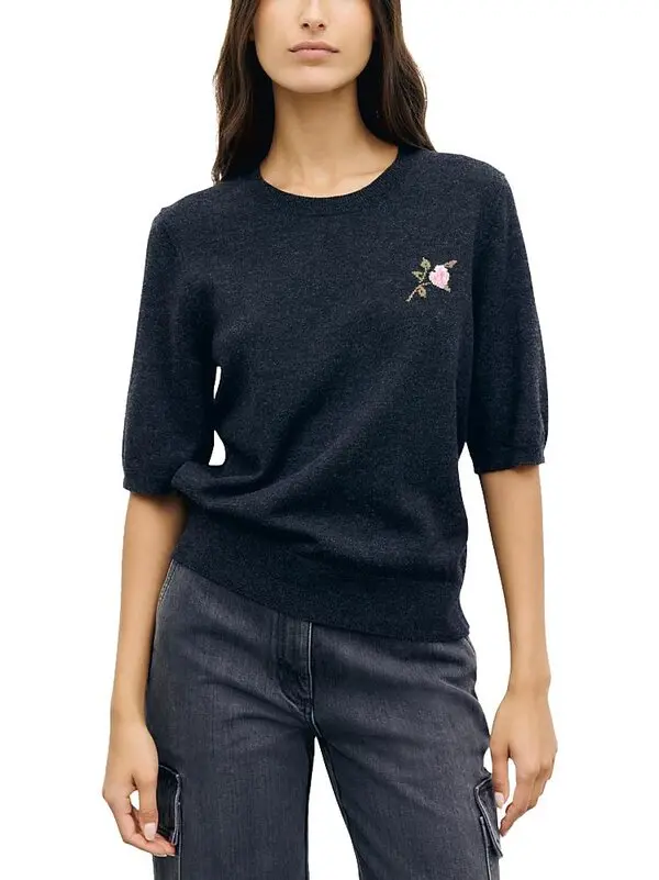 Gerard Darel Rolane Wool Elbow Sleeve Sweater With Embroidered Rose Detail - Charcoal