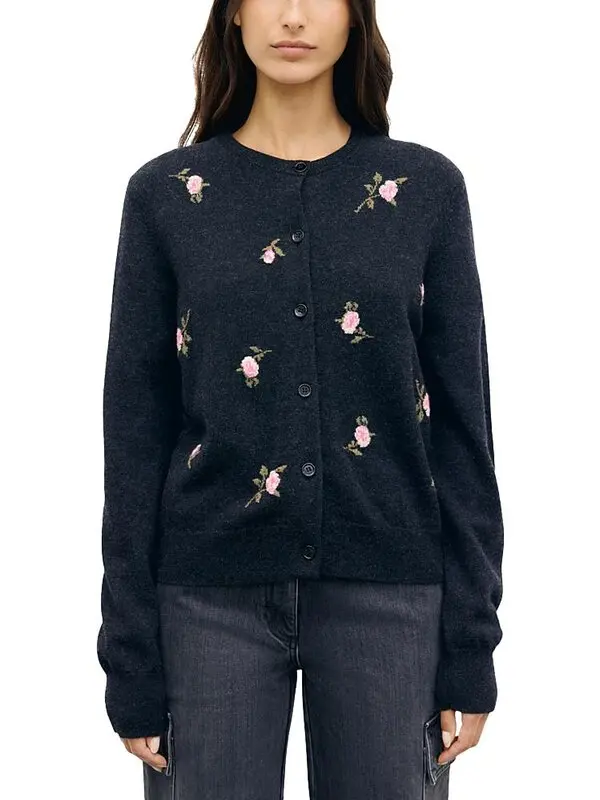 Gerard Darel Raymonde Floral Intarsia Wool Cardigan - Charcoal