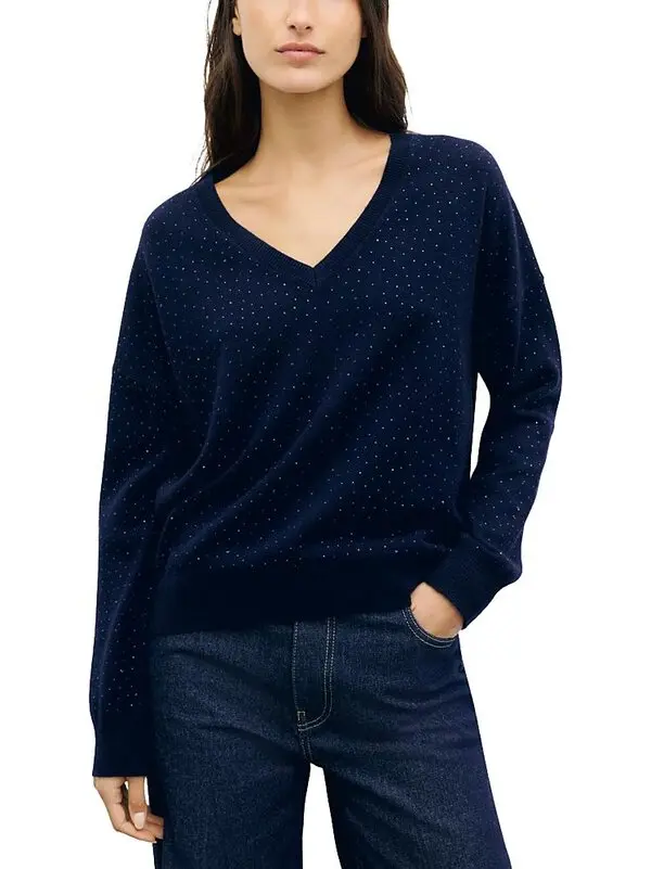 Gerard Darel Reda Embellished V-neck Wool Sweater - Navy