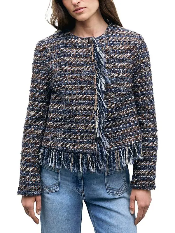 Gerard Darel Joya Fringe Trim Snap Front Jacket - Indigo