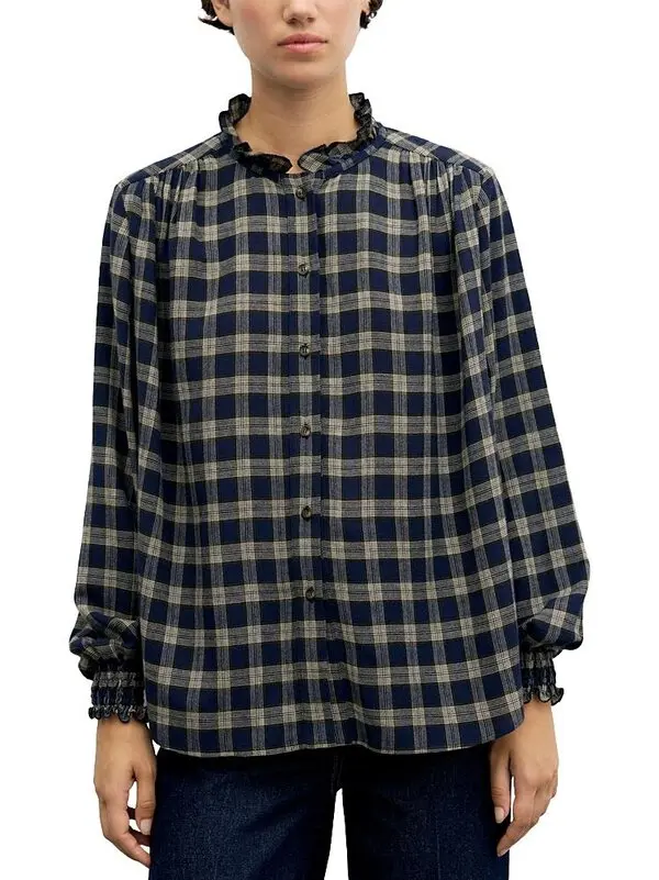 Gerard Darel Lotte Printed Blouse With Ruffle Trim - Navy