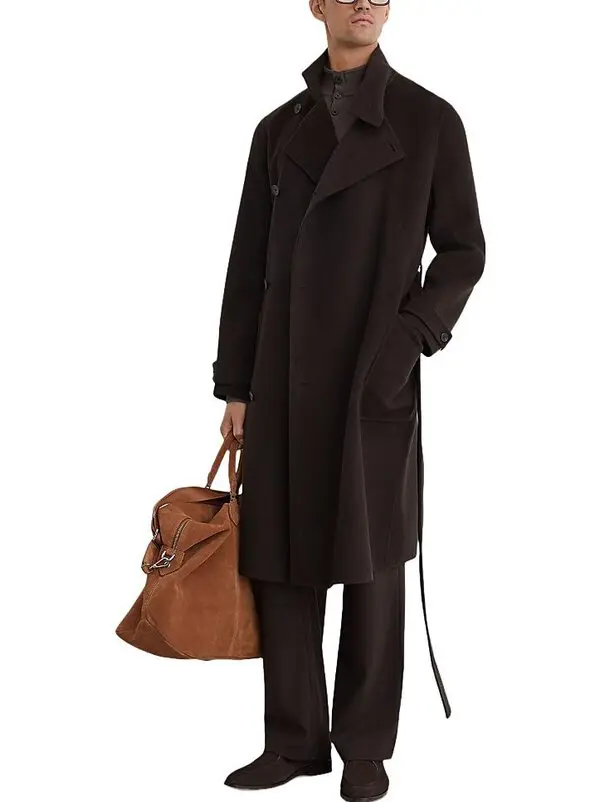 REISS Wool Blend Tie Waist Overcoat - Dark Brown