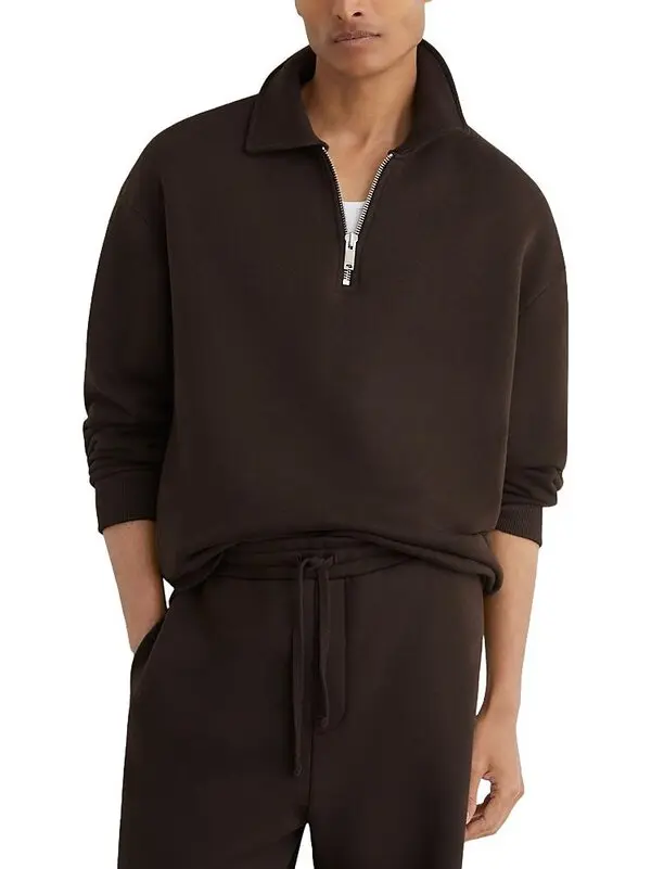 REISS Kurwin Cotton Half Zip Sweatshirt - Chocolate
