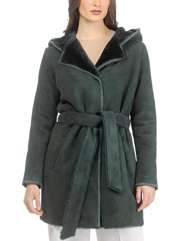 Gorski Merino Shearling Lamb Parka With Embroidered Trim And Belt - Emerald